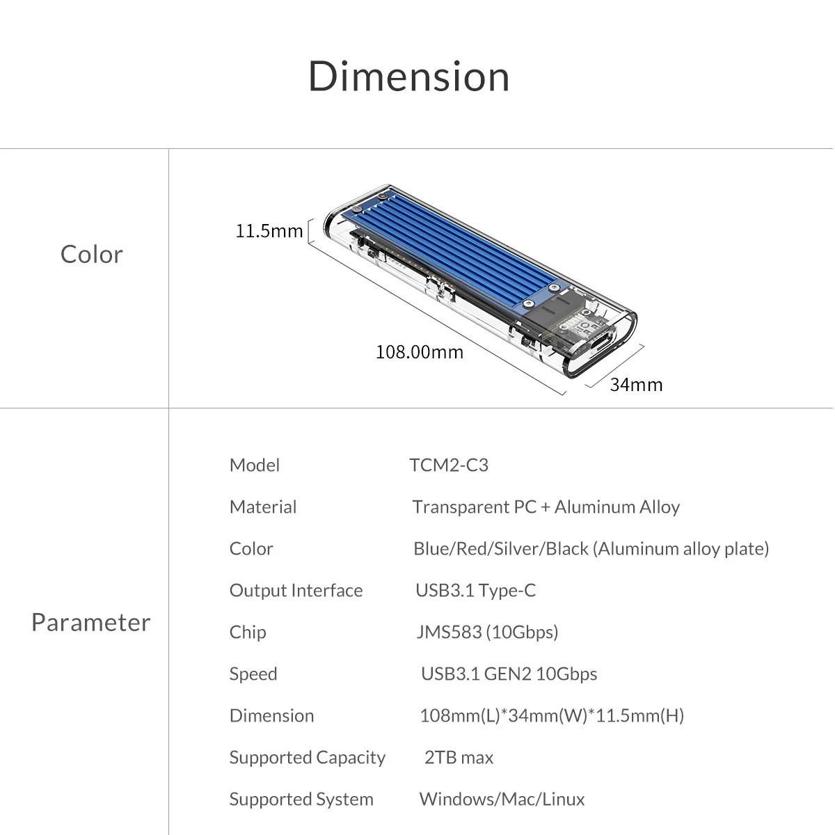 Game One - Orico M.2 NVMe SSD Enclosure Transparent Series TCM2-C3 High ...
